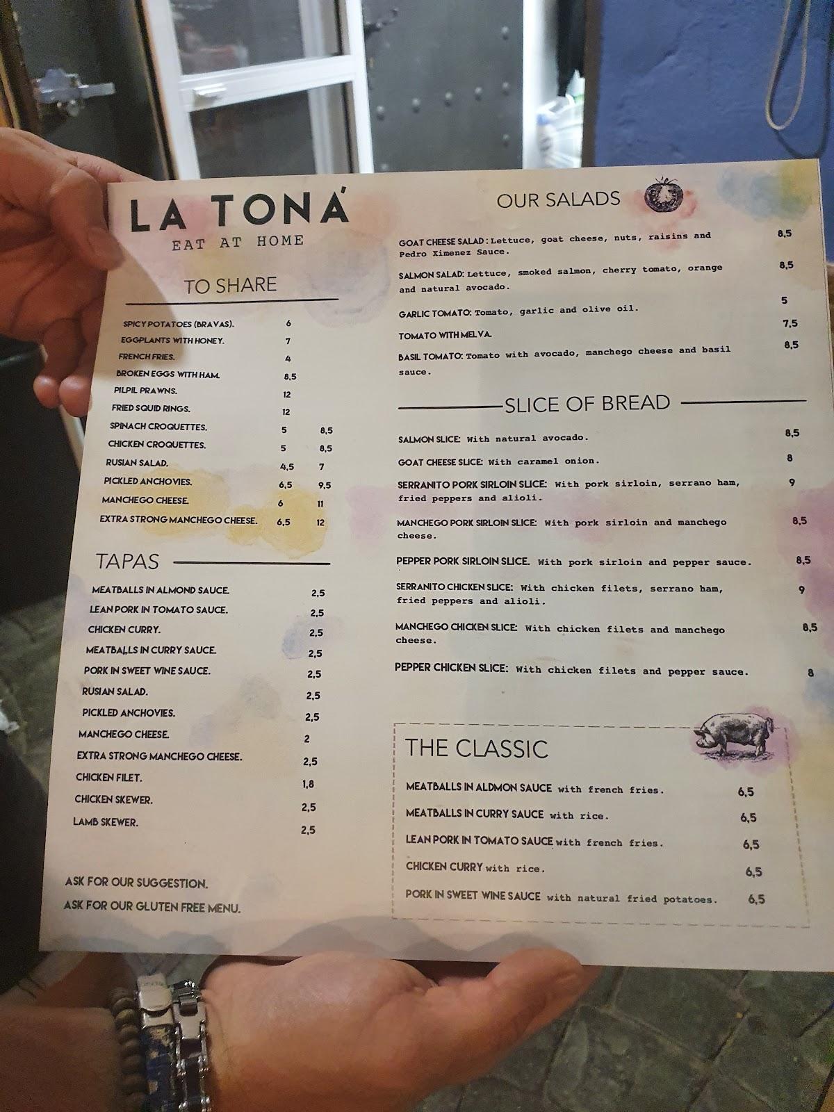 Menu at La Toná restaurant, La Cala de Mijas