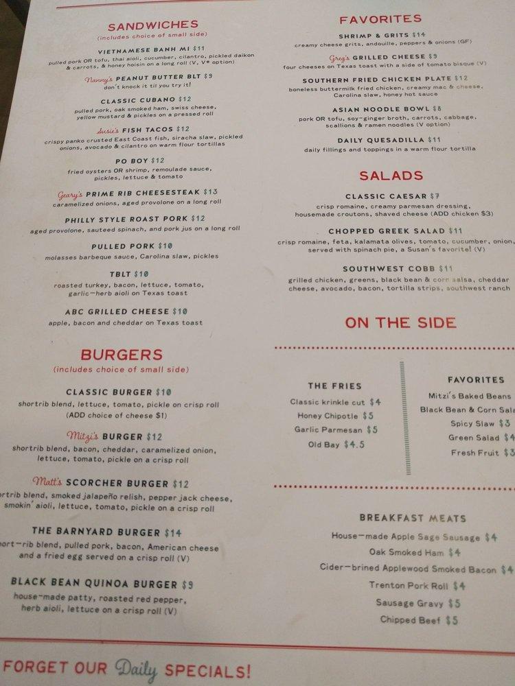 Menu at Mitzi's Table restaurant, Bethlehem