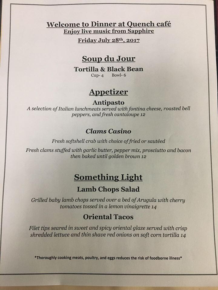Menu at Quench Cafe, Waterbury