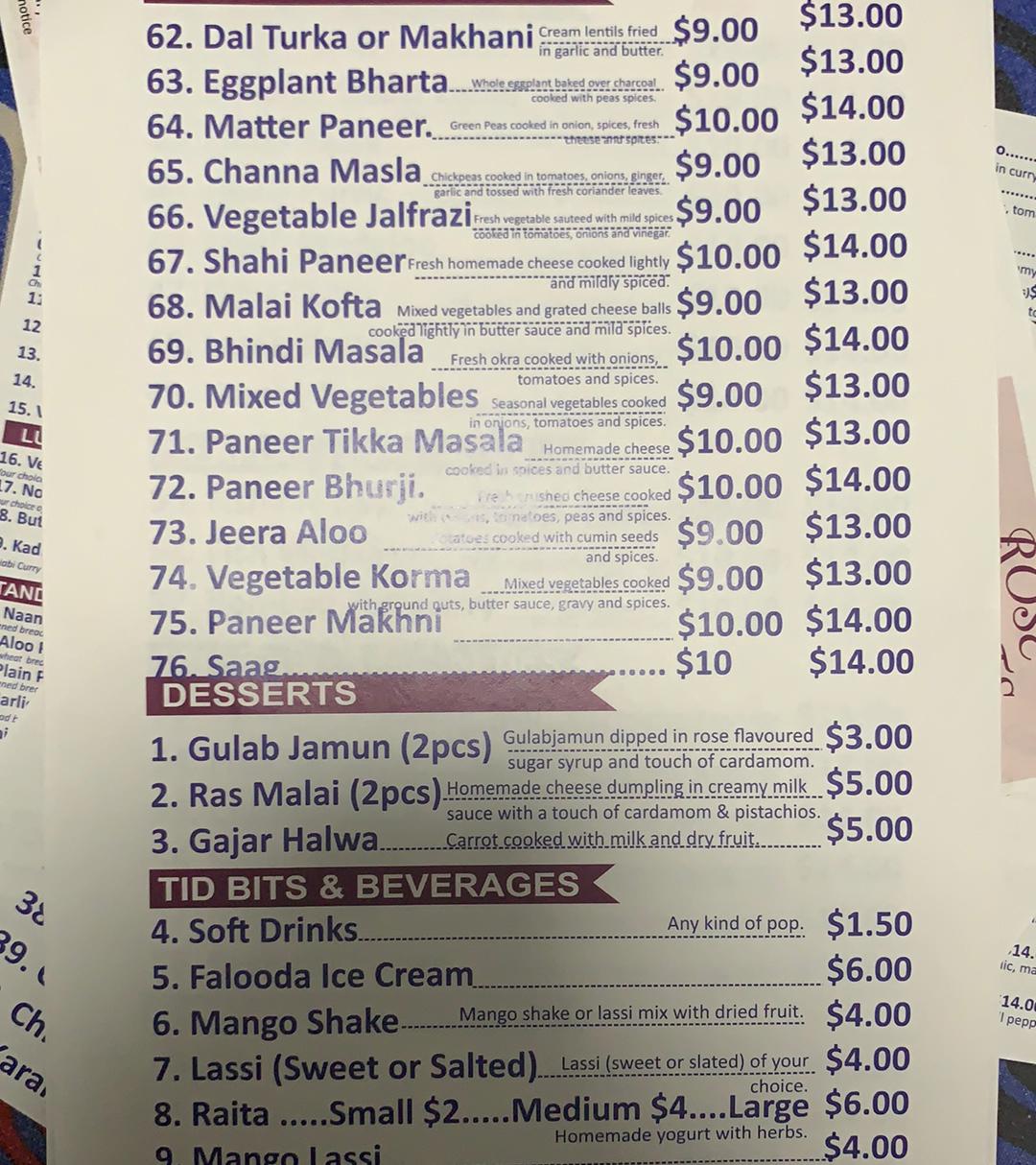 Menu at Rose Sweets & Tandoori Hut (88th Ave.) restaurant, Surrey