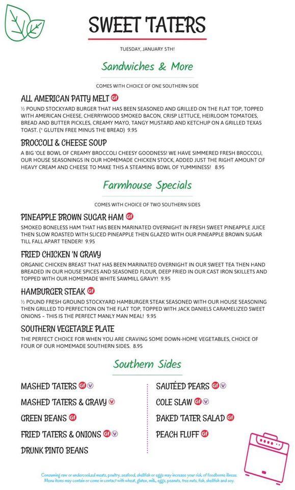 Menu at Sweet 'Taters restaurant, Conover