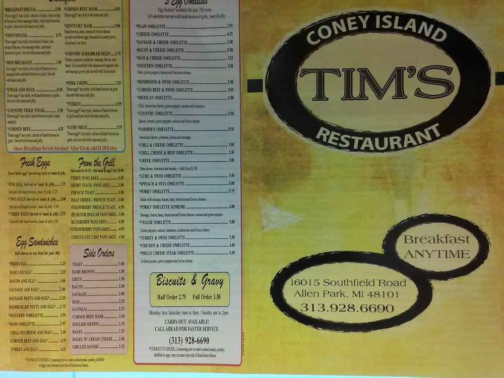 Menu at Tim's Coney Island Restaurant, Allen Park