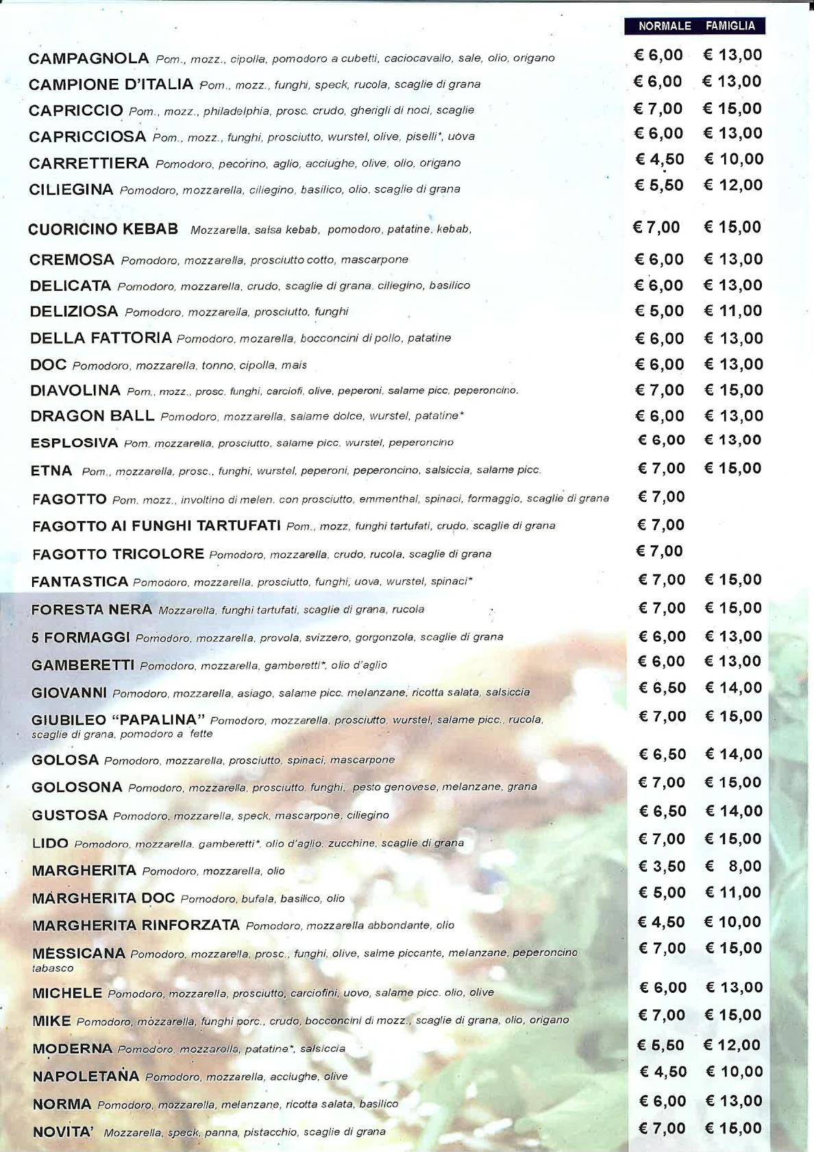 Carta del restaurante Totò e Peppino, Caltanissetta