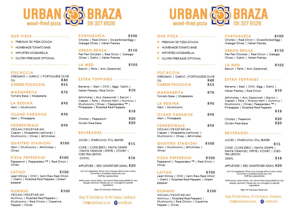 Speisekarte von Urban Braza pizza, Randburg