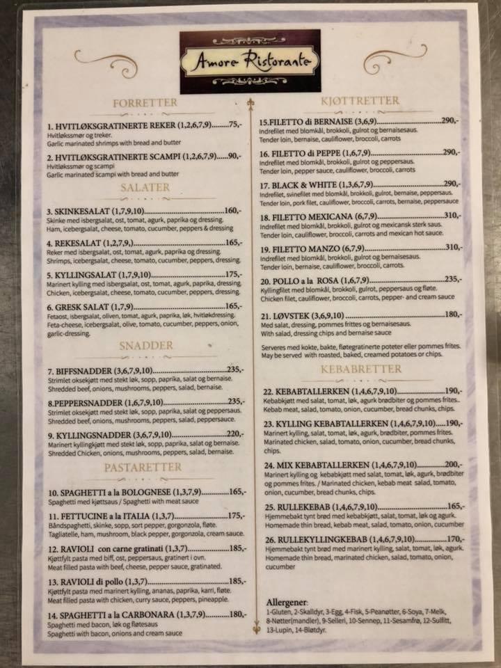 Menu at Amore restaurant Røros, Røros