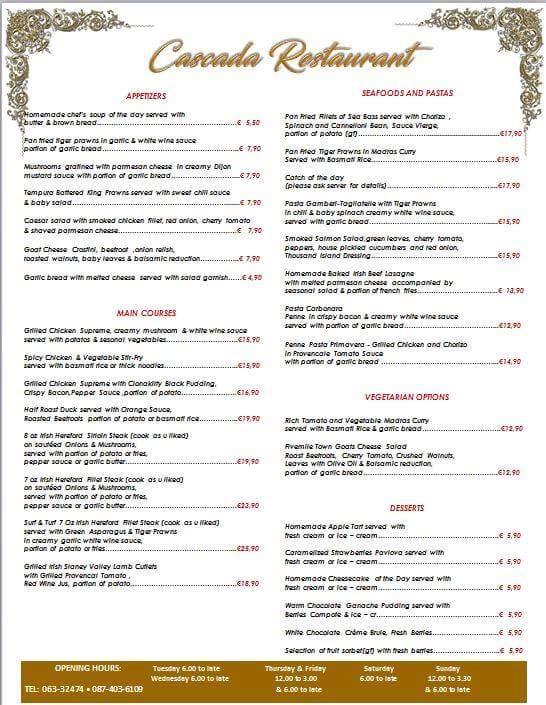 Menu at Cascada Restaurant, Ireland