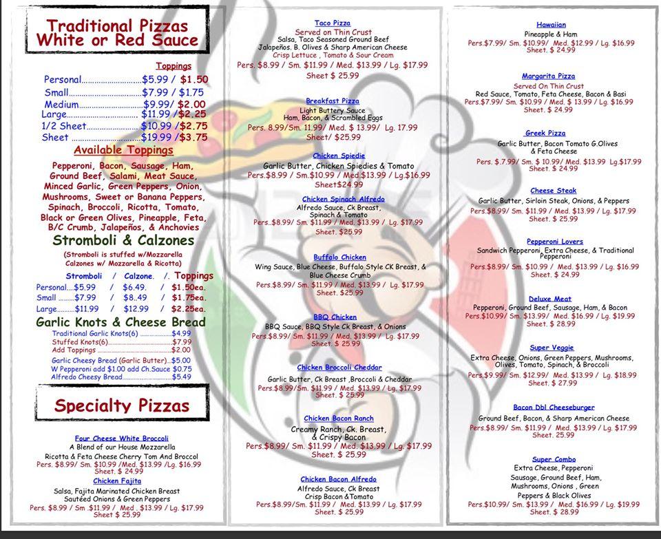 Menu at Chumpy's pizzeria, Sayre