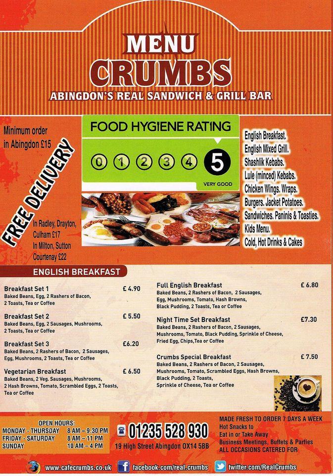Menu at Crumbs fast food, Abingdon