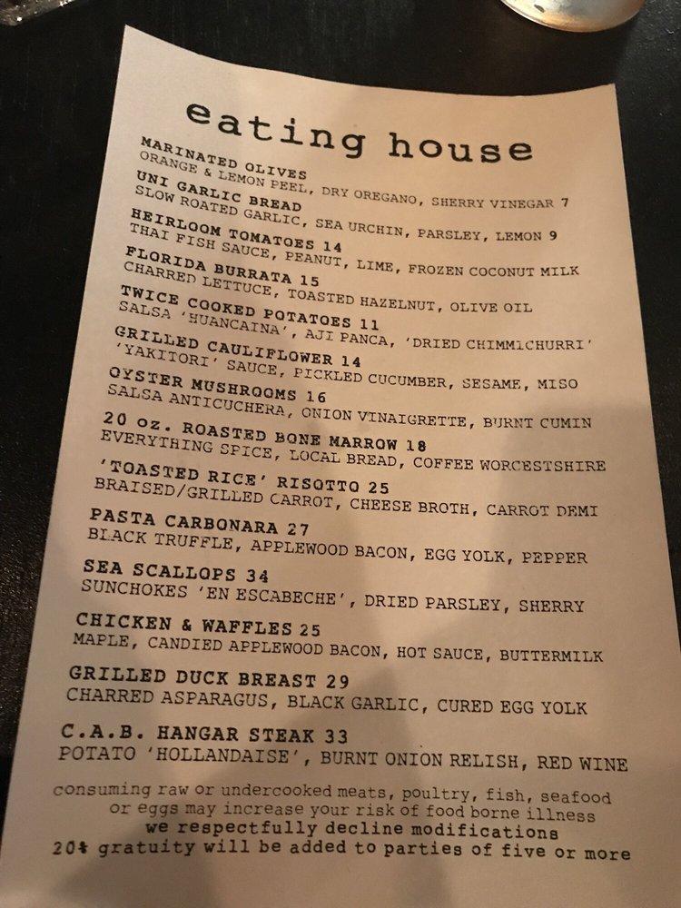 Menu at Eating House Miami restaurant, Coral Gables