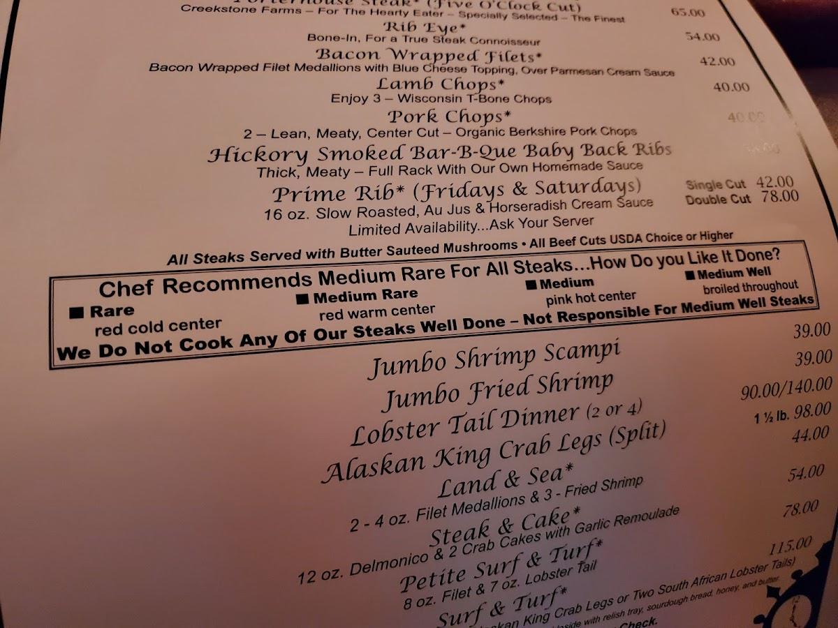 Menu at Five O'Clock Steakhouse, Milwaukee