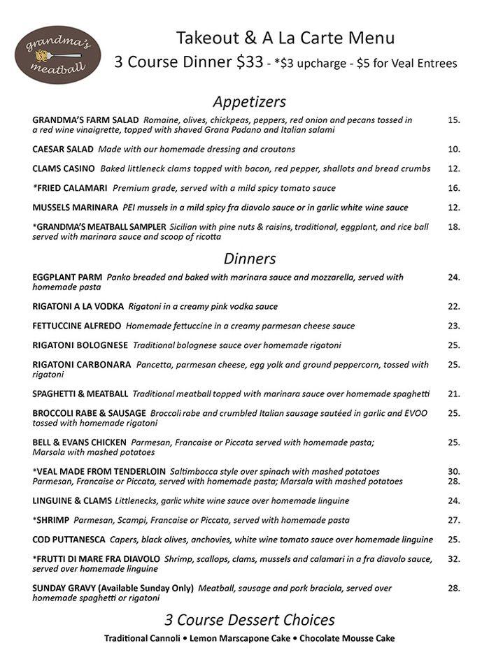 Menu at Grandma's Meatball restaurant, Manasquan