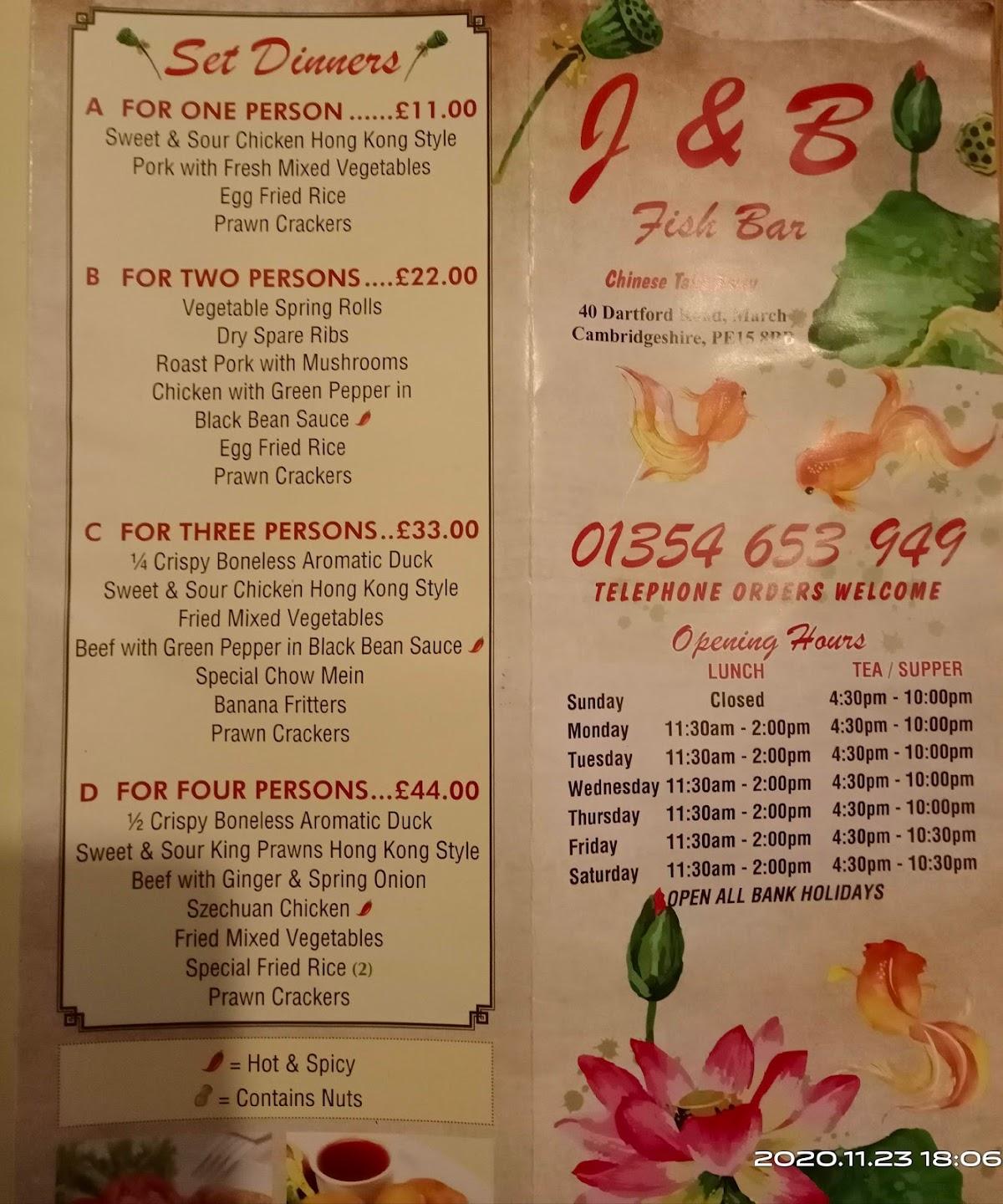 Menu at J & B Fish Bar and Chinese Take Away, March