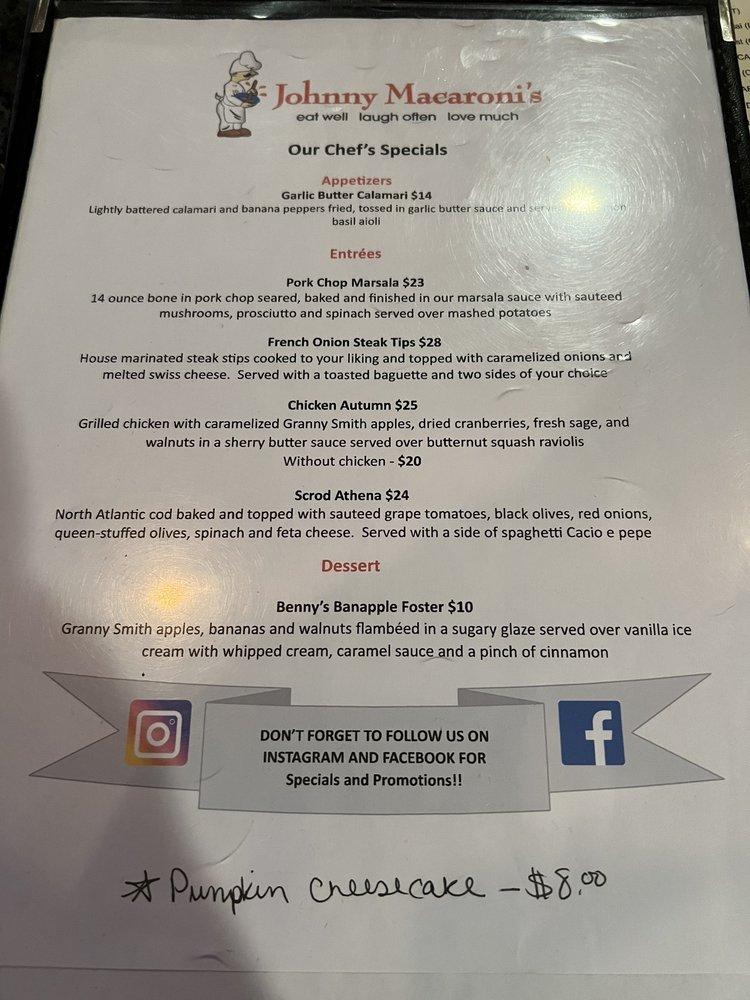Menu at Johnny Macaroni's desserts, East Bridgewater, Plymouth St