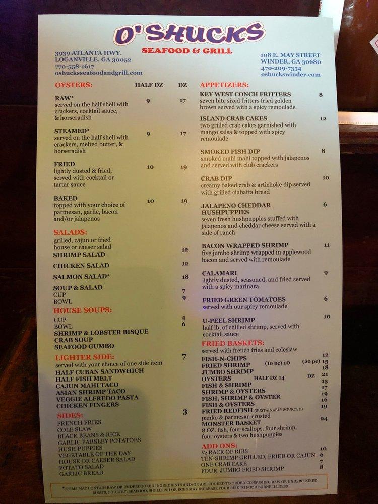 Menu at O'Shucks Seafood And Grill restaurant, Loganville
