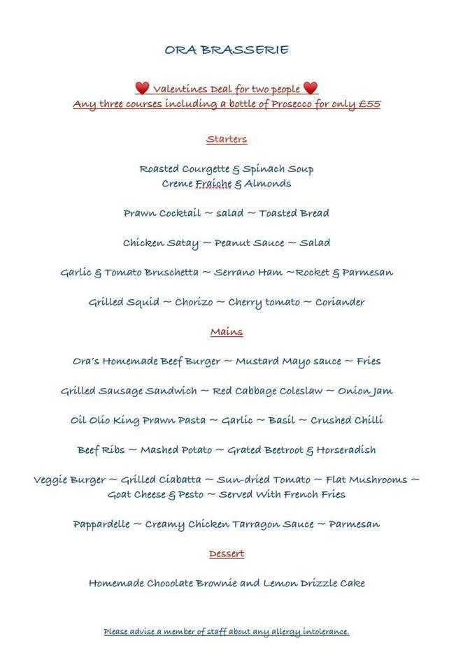 Menu at Ora Brasserie restaurant, Ruislip, 117-119 Victoria Rd