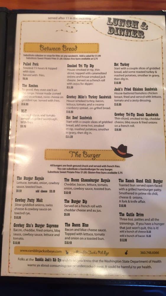 Menu at Ramblin Jacks Rib Eye steakhouse, Napavine