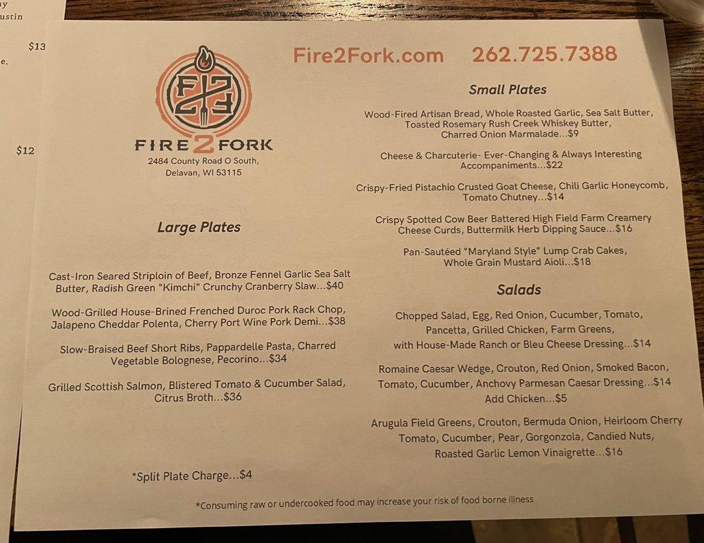 Menu at Fire2Fork restaurant, Delavan