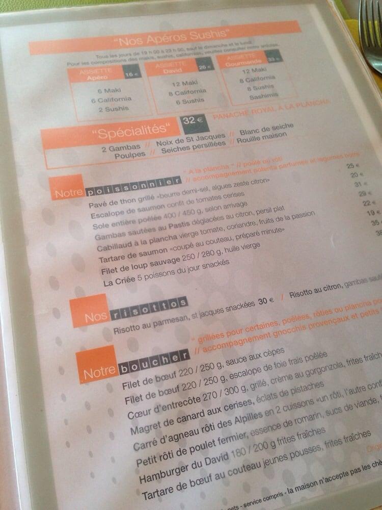 Menu at Le David Brasserie restaurant, Marseille