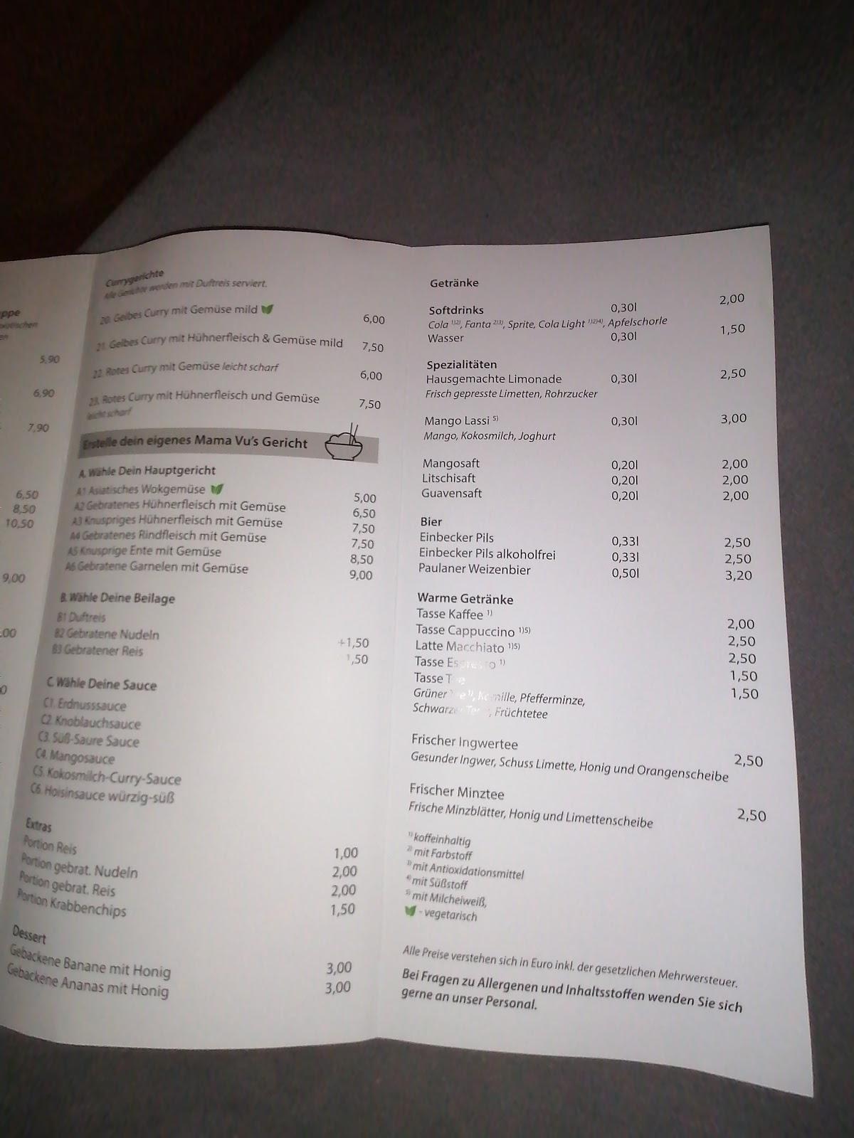 Menu at Mama Vu´s restaurant, Einbeck