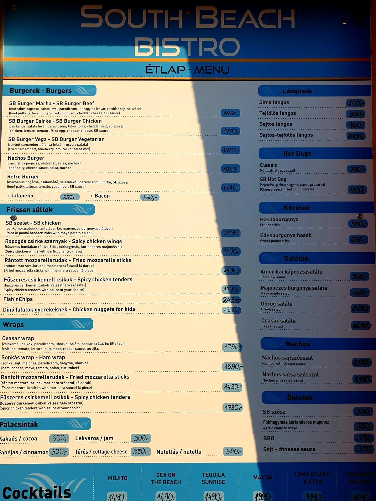 Menu at South Beach Bistro, Siófok