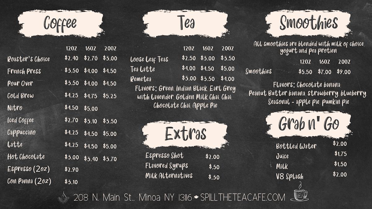 Menu at Spill The Tea Cafe and Infusion Yoga, Minoa