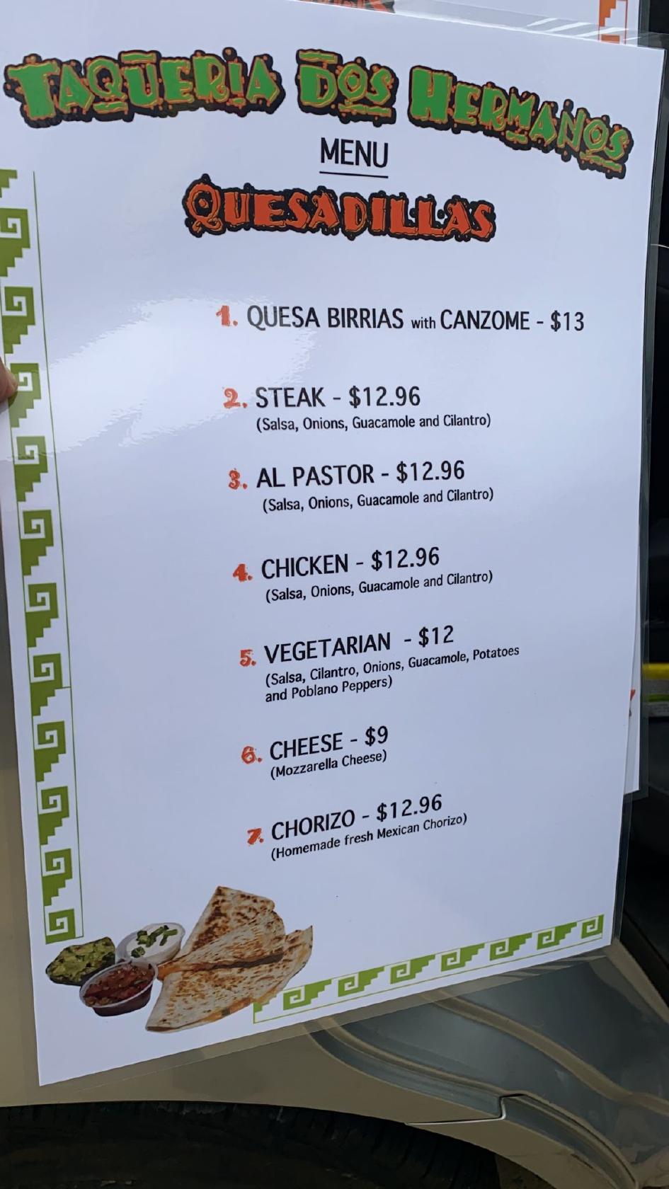 Menu at Taquería Dos Hermanos restaurant, Philadelphia, Spruce St
