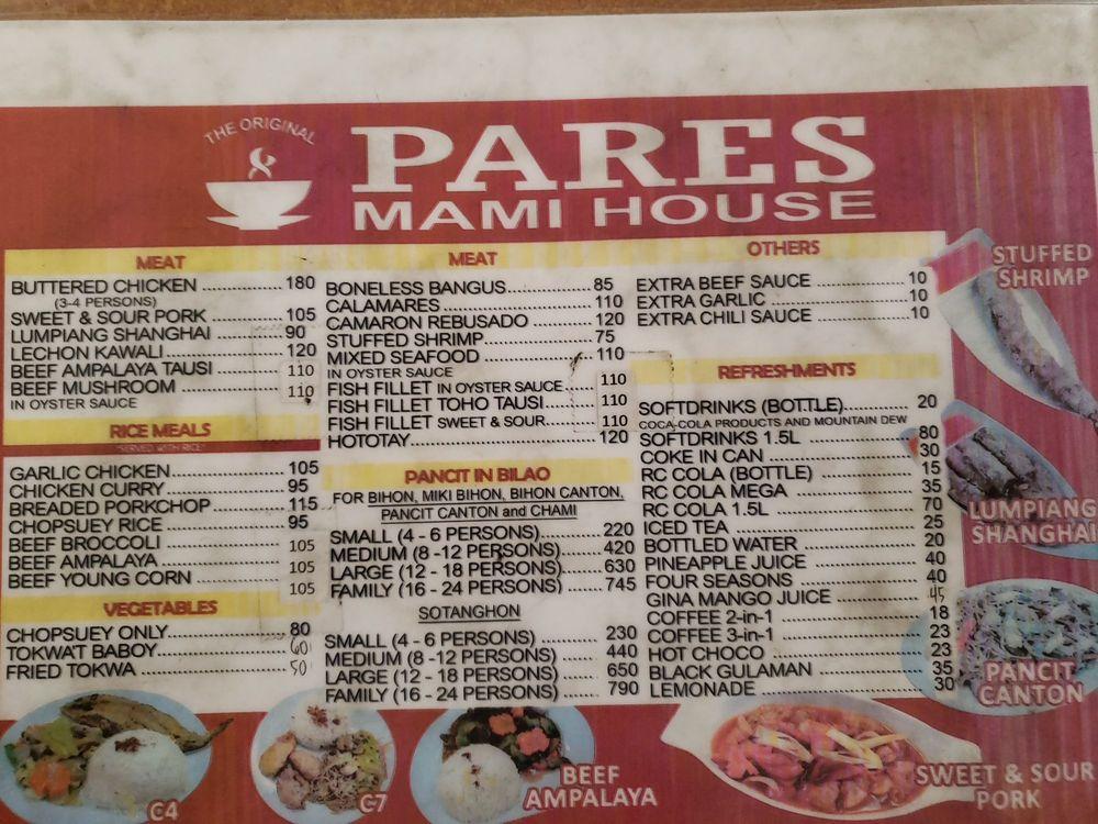Menu at The Original Pares Mami House (Since 1989) restaurant, Quezon City