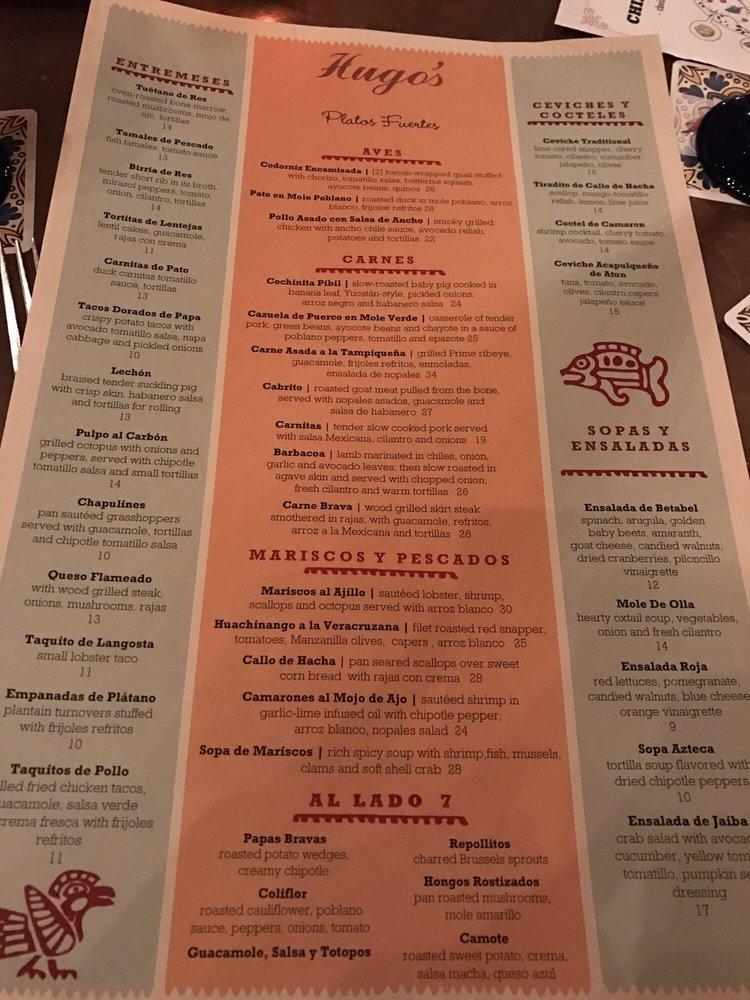 Menu at Hugo's restaurant, Houston, Westheimer Rd