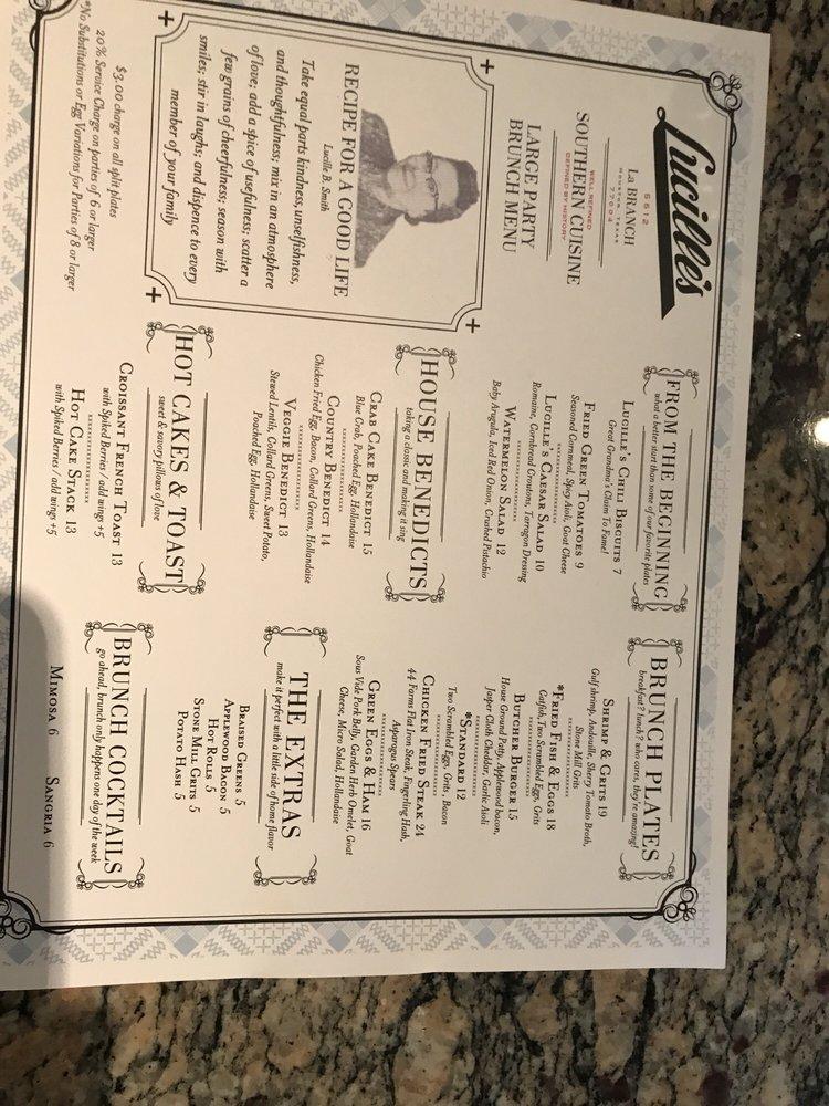 Menu at Lucille's restaurant, Houston