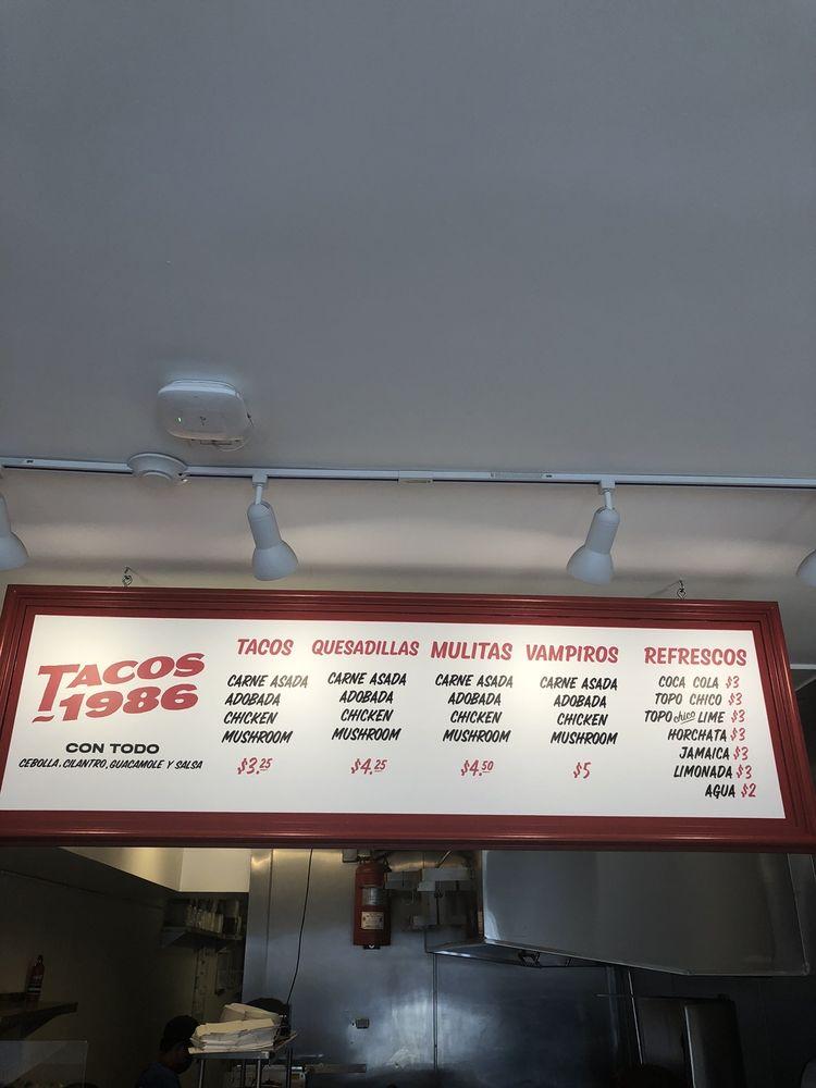 Menu at Tacos 1986 restaurant, Burbank