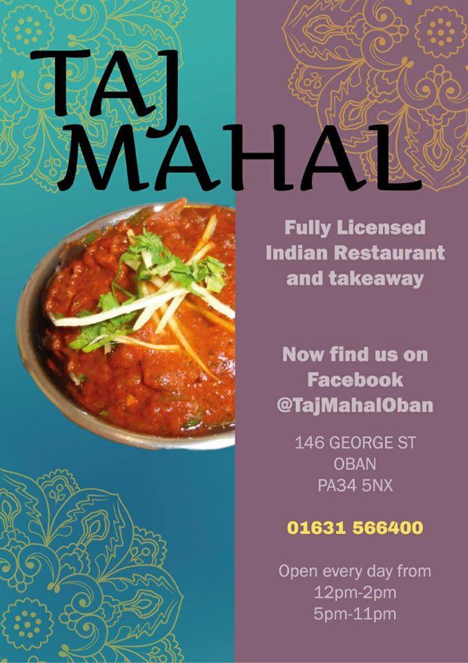 Menu at Taj Mahal restaurant, Oban