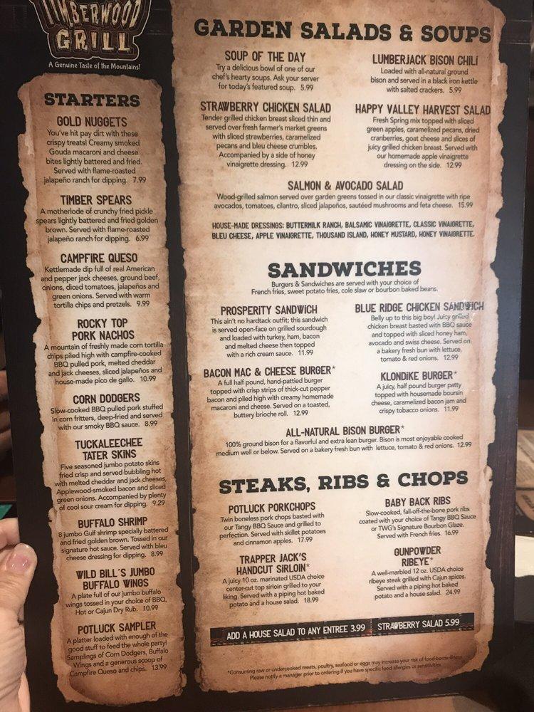 Menu at Timberwood Grill pub & bar, Pigeon Forge
