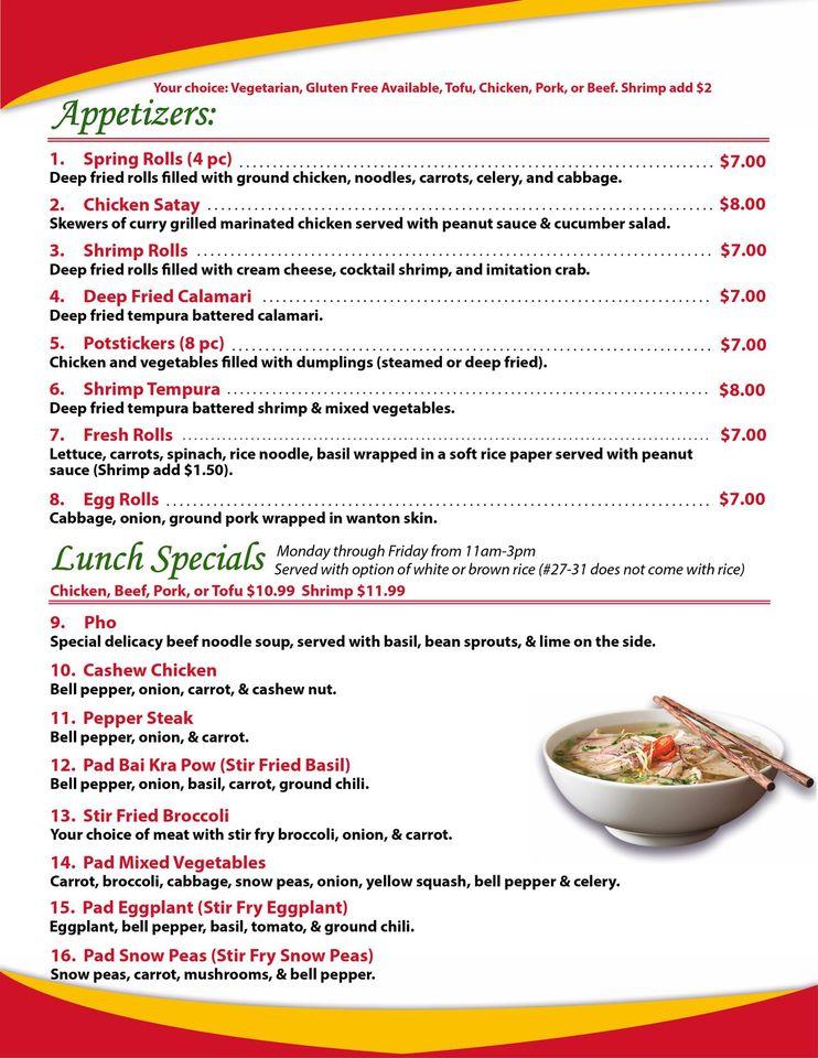Menu at Zangna Thai Cuisine restaurant, Little Rock