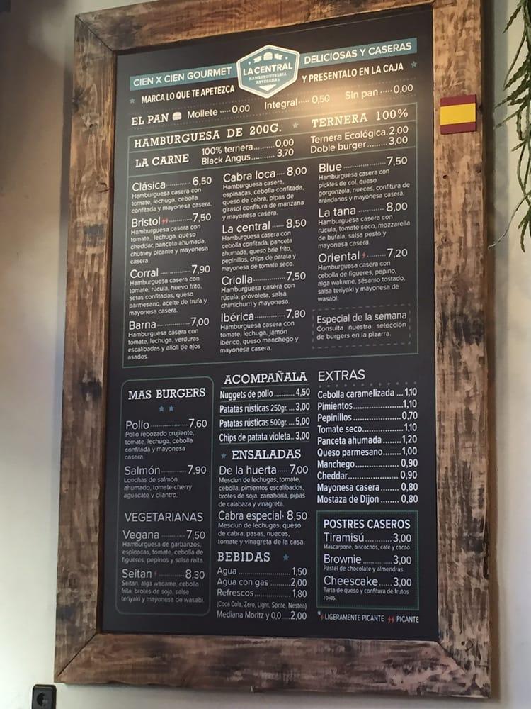 Carta del restaurante la central burger, Barcelona, Via Laietana 45