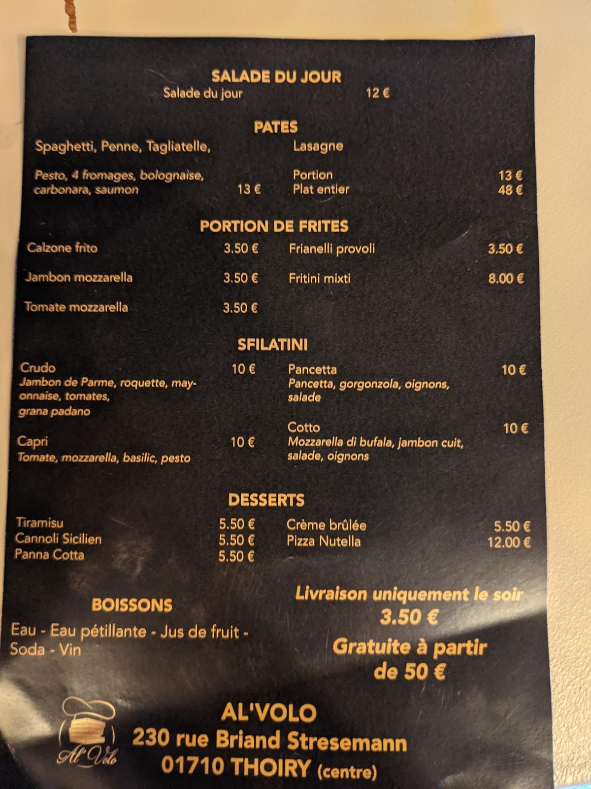 Menu au Al'Volo pizzeria, Thoiry