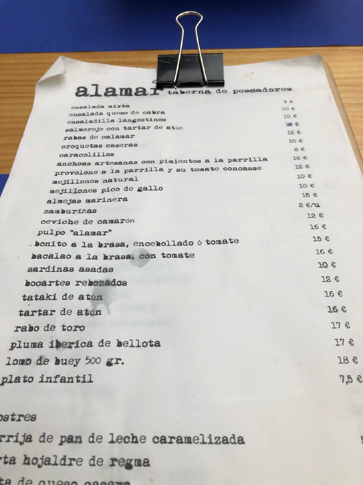 Menu at Taberna Alamar restaurant, Santander