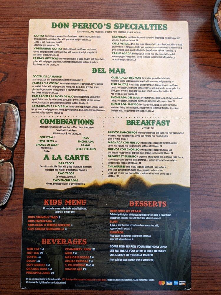 Carta de Don Perico Mexican Restaurant, Napa