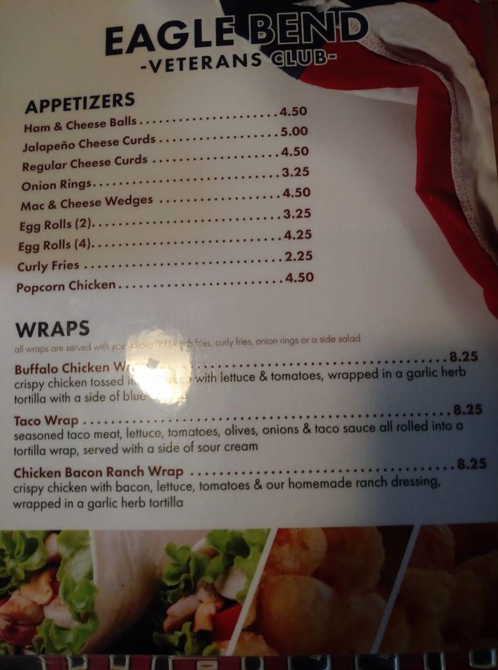 Menu at Eagle Bend Veterans Club, Eagle Bend