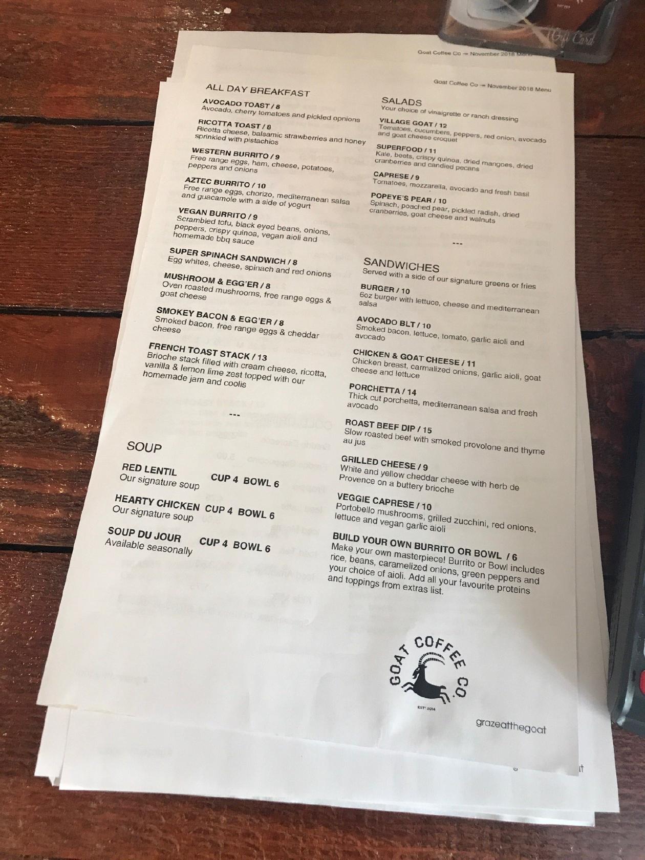 Menu at Goat Coffee Co. cafe, Toronto