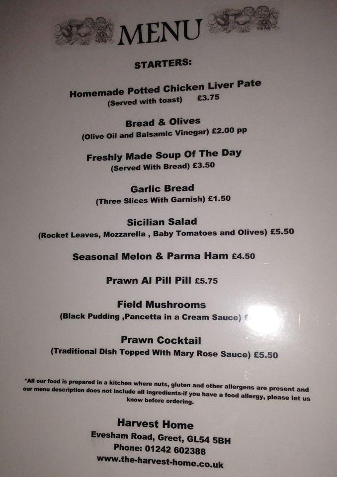 Menu at Harvest Home pub & bar, Winchcombe, Evesham Road Greet