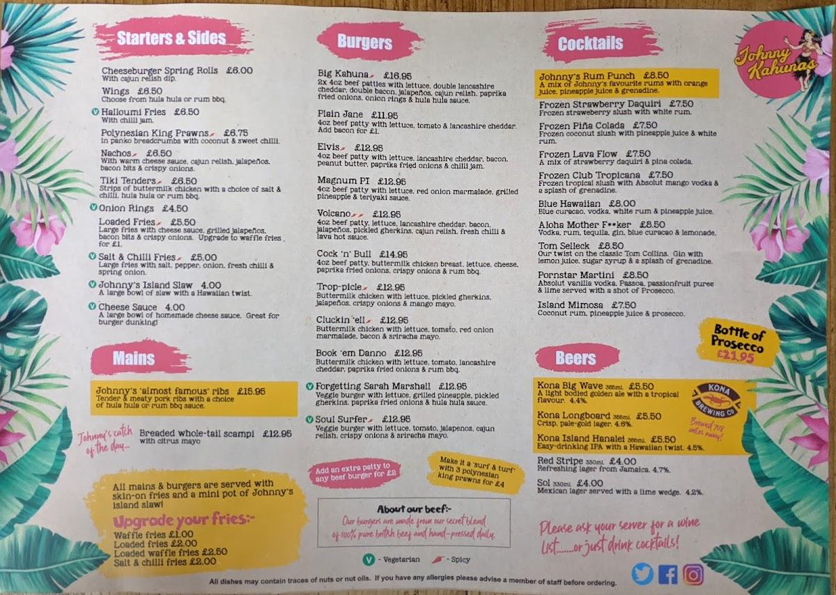 Menu at Johnny Kahuna's restaurant, Lytham, 5 Church Rd