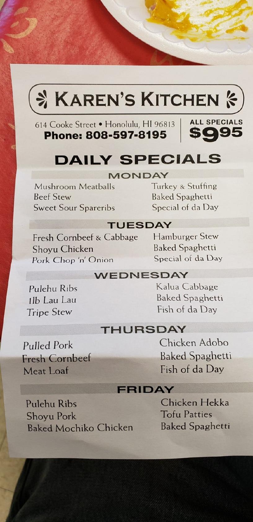 Menu at Karen's Kitchen restaurant, Honolulu