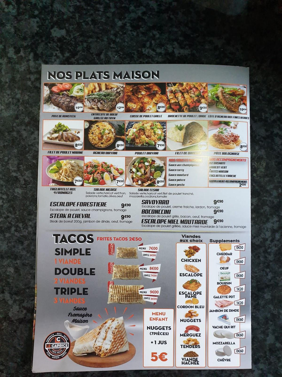 Menu at Le Caprice restaurant, Drancy