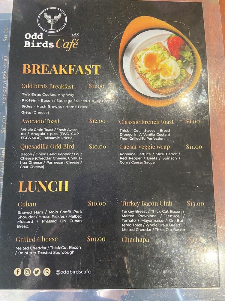 Menu at Odd Birds Cafe, St. Augustine