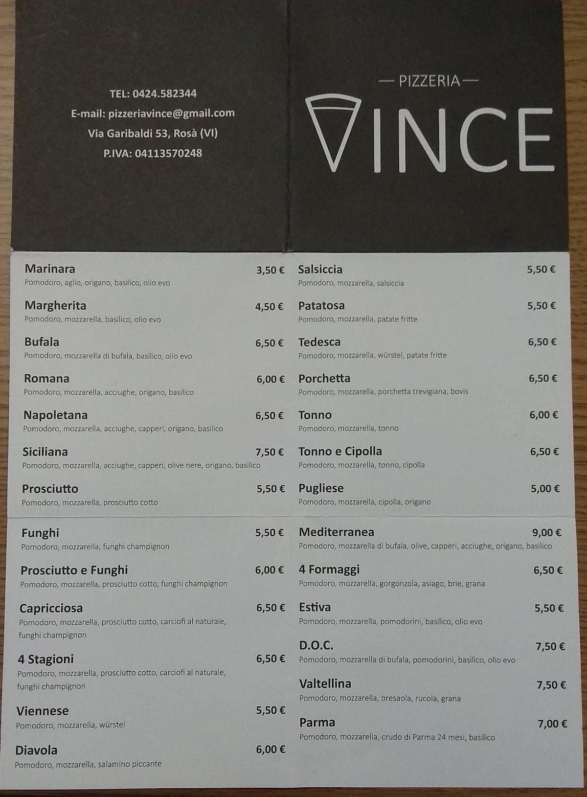 Menu at Pizzeria Vince, Rosà