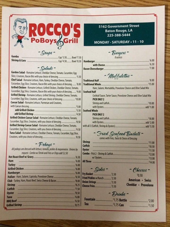 Menu at Rocco's restaurant, Baton Rouge