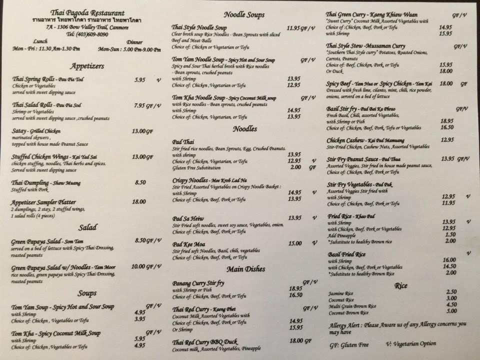 Menu at Thai Pagoda restaurant, Canmore