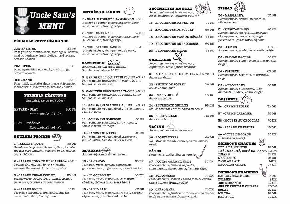 Menu au uncle sam casablanca restaurant, Casablanca