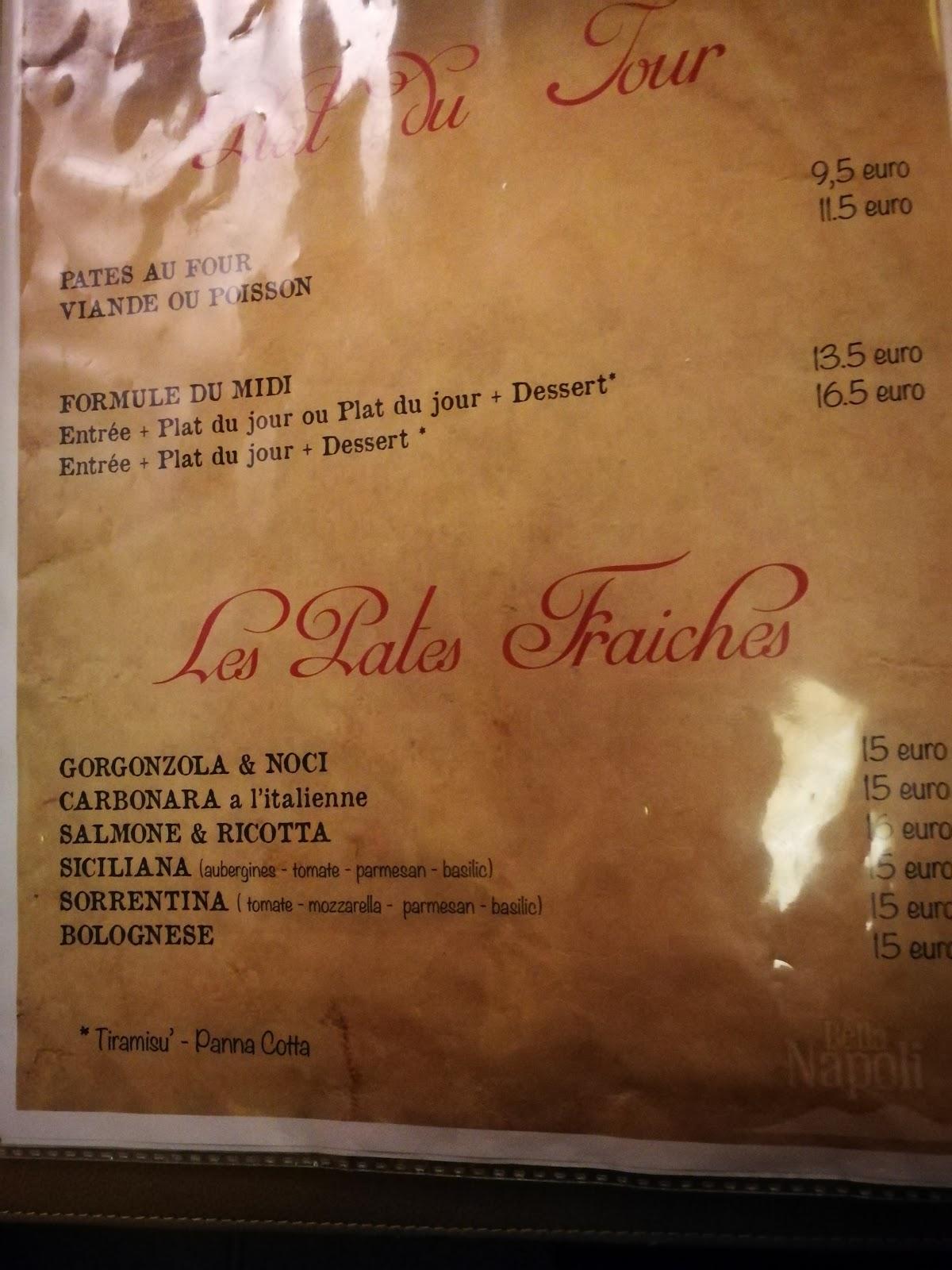 Menu au Bella Napoli pizzeria, Montpellier