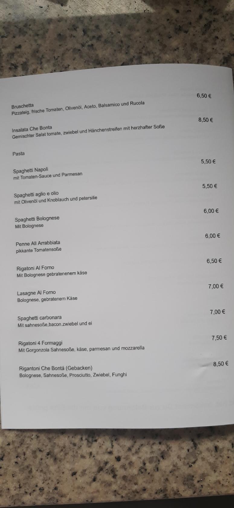 Speisekarte von Che Bontá Pizzabäckerei, Obernzell